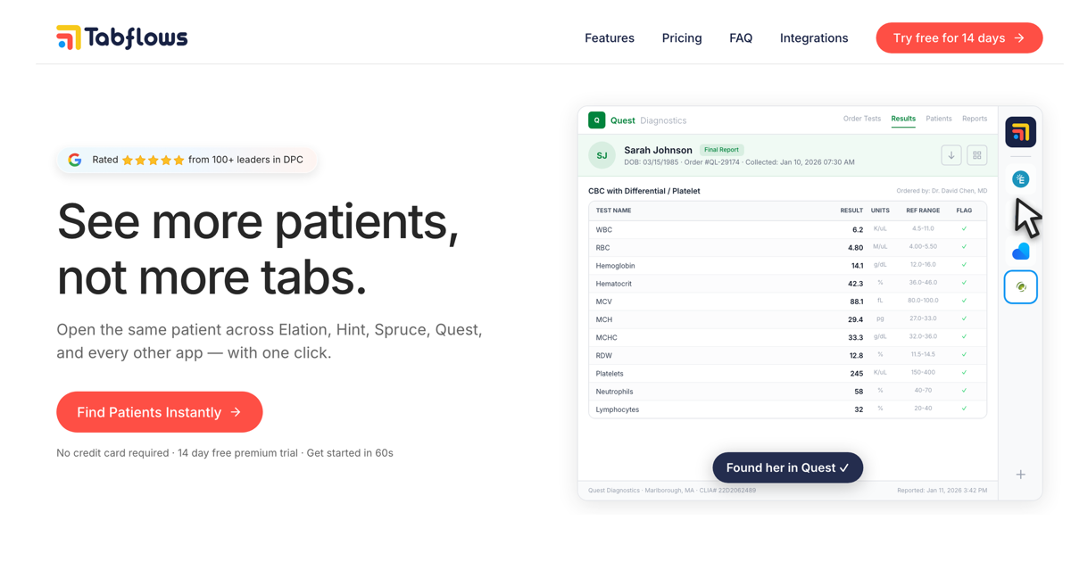 Tabflows | One Screen for Elation, Hint, Spruce & 20+ DPC Tools